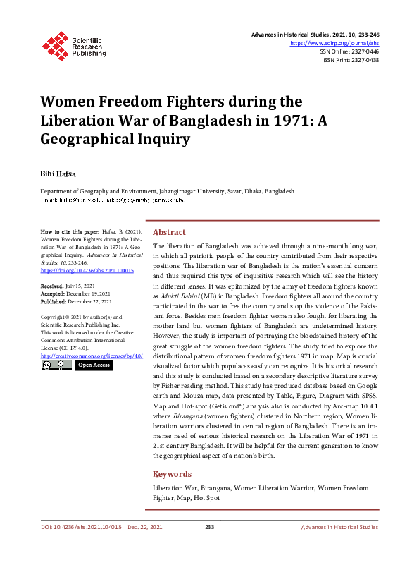 (PDF) Women Freedom Fighters during the Liberation War of Bangladesh in ...