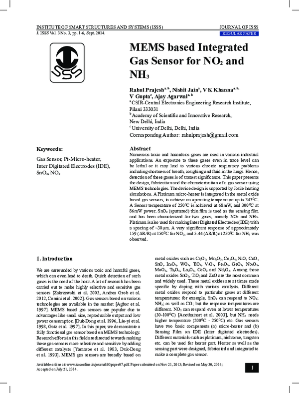 Pdf Mems Based Integrated Gas Sensor For No2 And Nh3 Rahul Prajesh