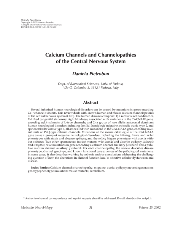 (PDF) Calcium Channels and Channelopathies of the Central Nervous System