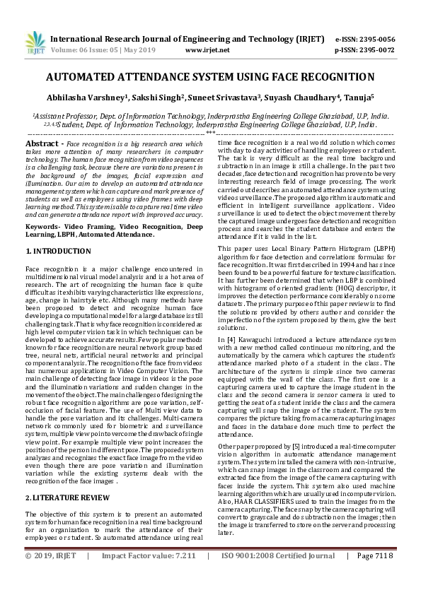 (PDF) Automated Attendance System Using Face Recognition Technique