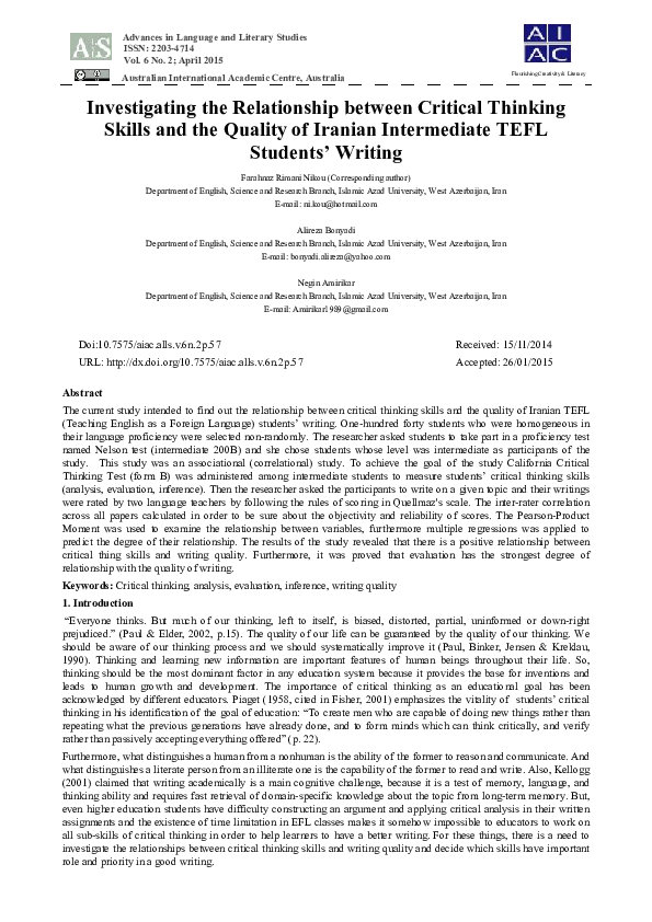 (PDF) Investigating the Relationship between Critical Thinking Skills and the Quality of Iranian ...