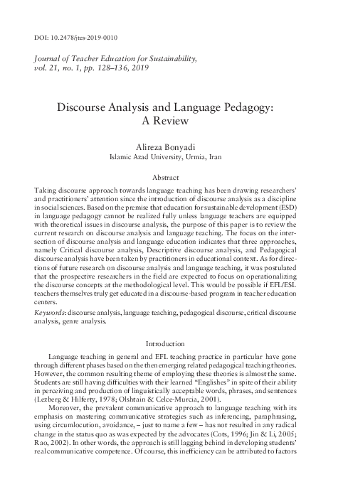 (PDF) Discourse Analysis and Language Pedagogy: A Review