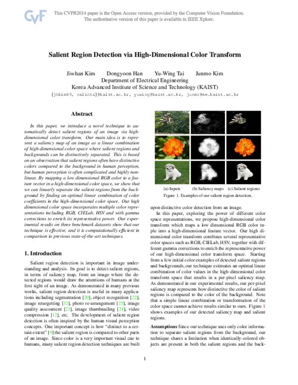 (PDF) Salient Region Detection via High-Dimensional Color Transform