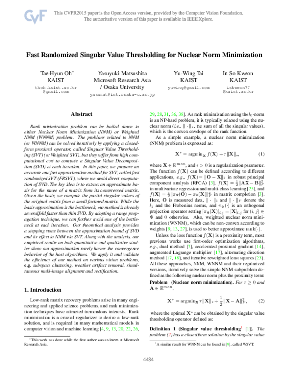 Pdf Fast Randomized Singular Value Thresholding For Nuclear Norm Minimization Yu Wing Tai