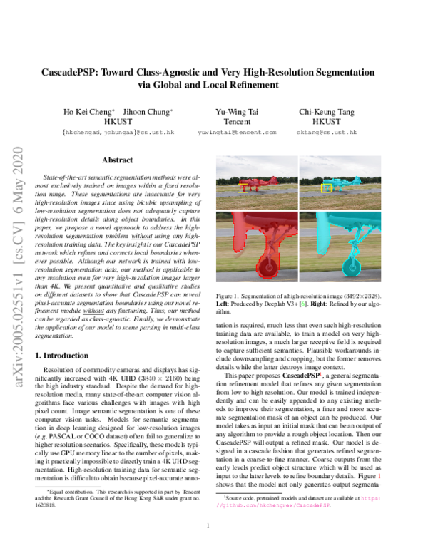 (PDF) CascadePSP: Toward Class-Agnostic and Very High-Resolution Segmentation via Global and ...