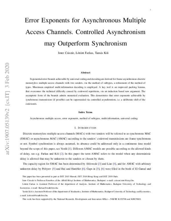 (PDF) Error Exponents for Asynchronous Multiple Access Channels ...