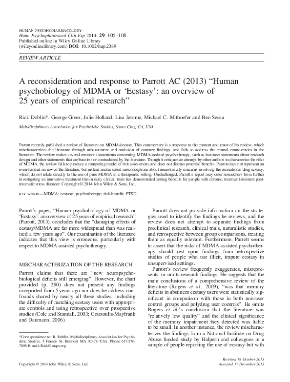 (PDF) Critique of Parrott on MDMA Research Mischaracterization