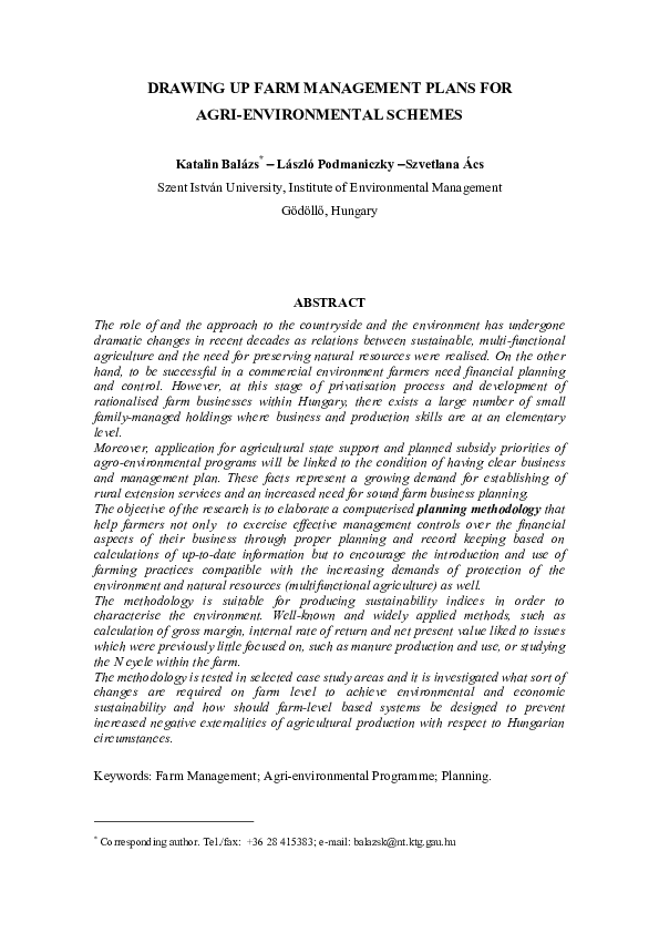 (PDF) Drawing up Farm Management Plans for Agri-Environmental Schemes