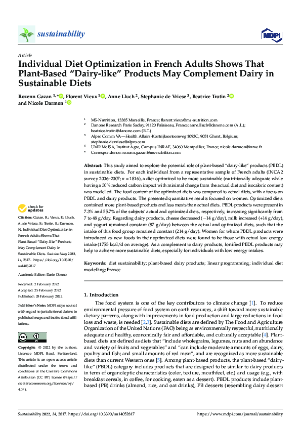 (PDF) Individual Diet Optimization in French Adults Shows That Plant ...