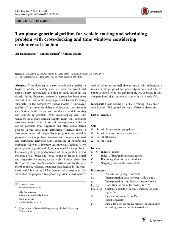 (PDF) Two phase genetic algorithm for vehicle routing and scheduling problem with cross-docking ...
