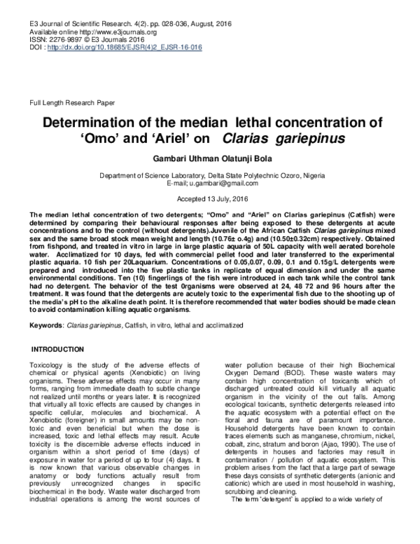 (PDF) Determination of the median lethal concentration of ΄Omo΄ and ΄Ariel΄ on Clarias gariepinus