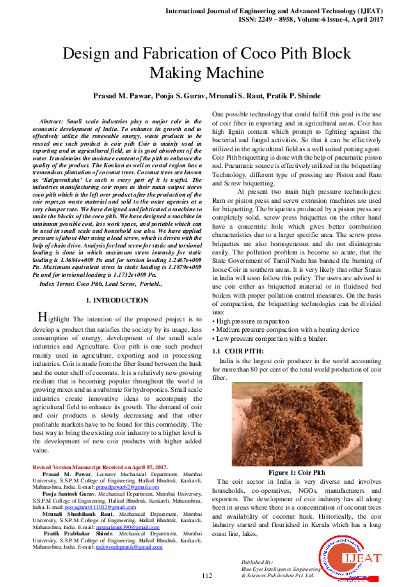 (PDF) Design and Fabrication of Coco Pith Block Making Machine