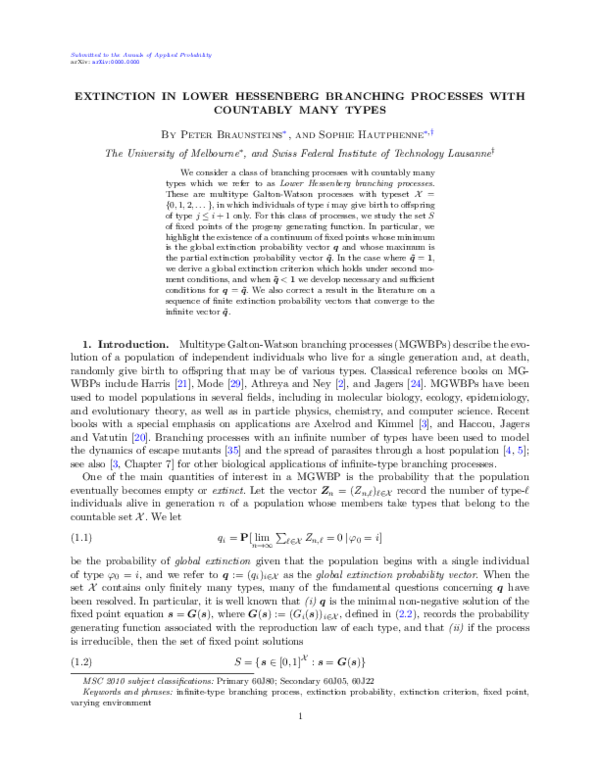 (PDF) Extinction in lower Hessenberg branching processes with countably many types
