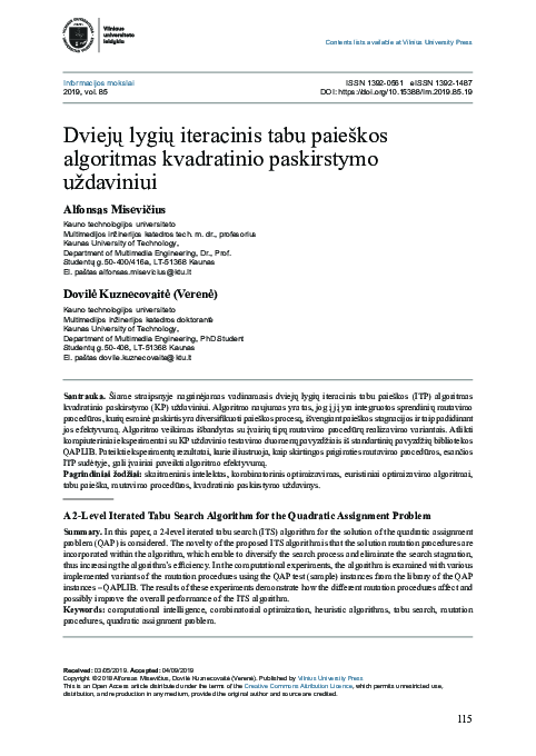 (PDF) A 2-Level Iterated Tabu Search Algorithm for the Quadratic Assignment Problem