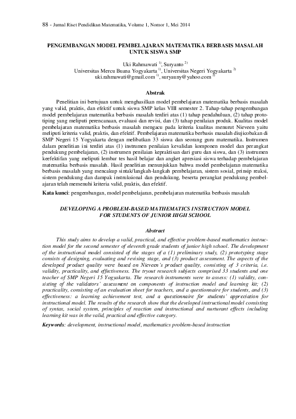 (PDF) Pengembangan Model Pembelajaran Matematika Berbasis Masalah Untuk ...