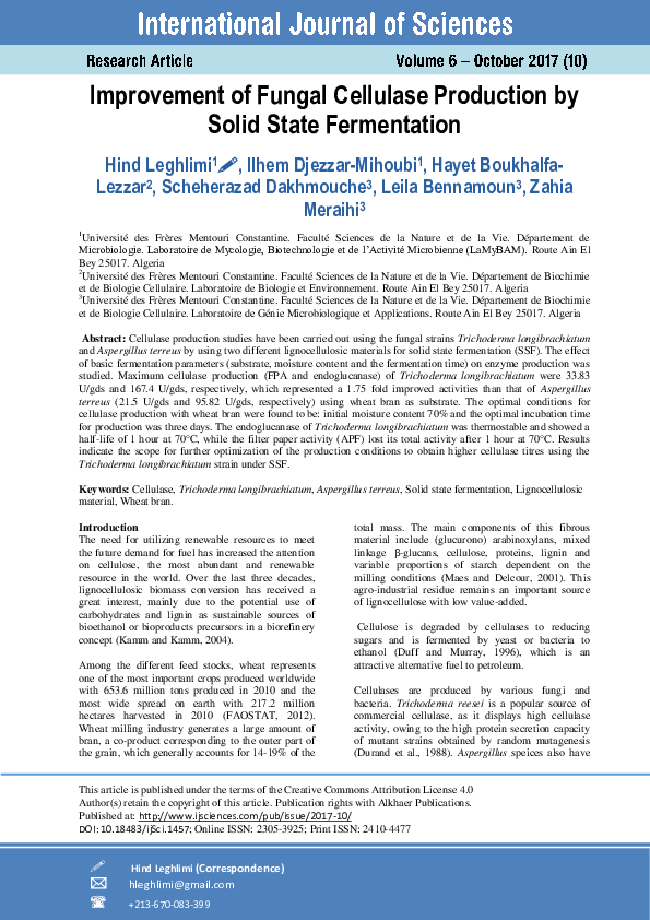 (PDF) Improvement of Fungal Cellulase Production by Solid State ...