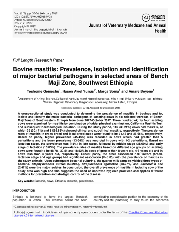 (PDF) Bovine mastitis: Prevalence, Isolation and identification of major bacterial pathogens in ...