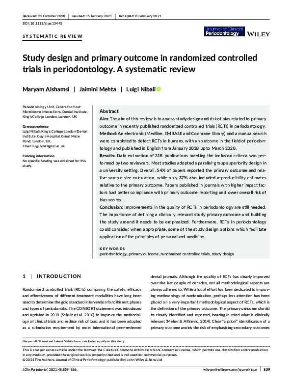 (PDF) Study design and primary outcome in randomized controlled trials in periodontology. A ...