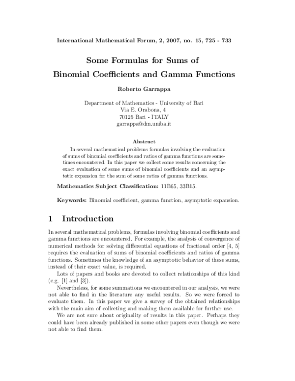 (PDF) Some formulas for sums of binomial coefficients and gamma functions