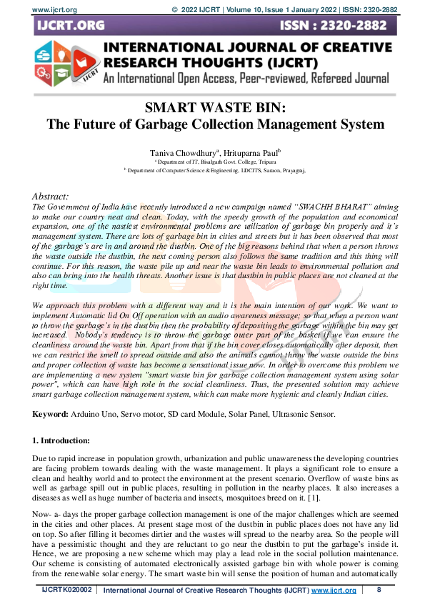 (PDF) SMART WASTE BIN: The Future of Garbage Collection Management System
