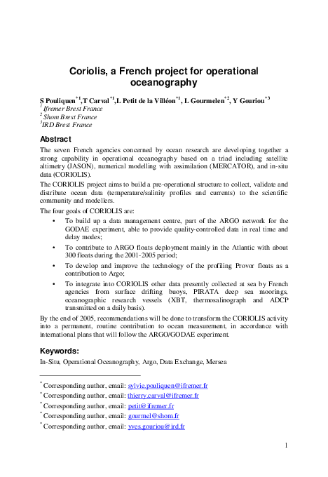 (PDF) Coriolis, a French project for operational oceanography