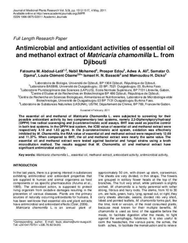 Pdf Antimicrobial And Antioxidant Activities Of Essential Oil And