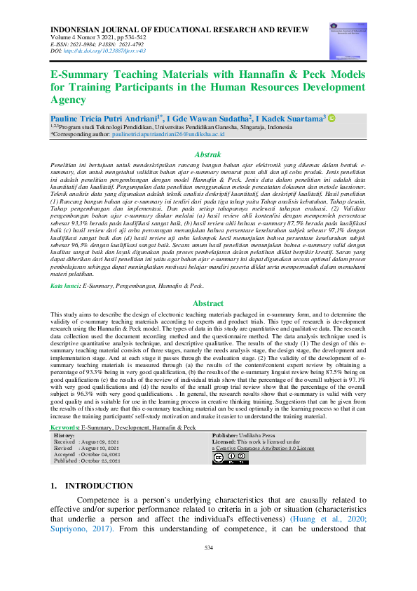 (PDF) E-Summary Teaching Materials with Hannafin & Peck Models for ...