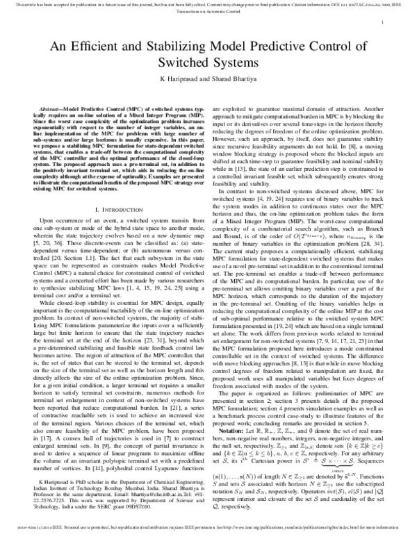 (PDF) An Efficient and Stabilizing Model Predictive Control of Switched Systems
