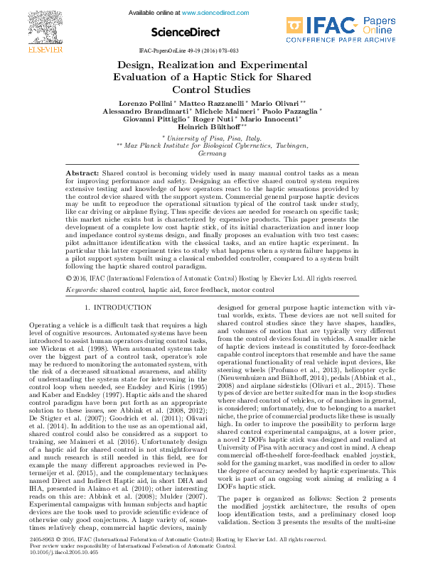 (PDF) Design, Realization and Experimental Evaluation of a Haptic Stick ...