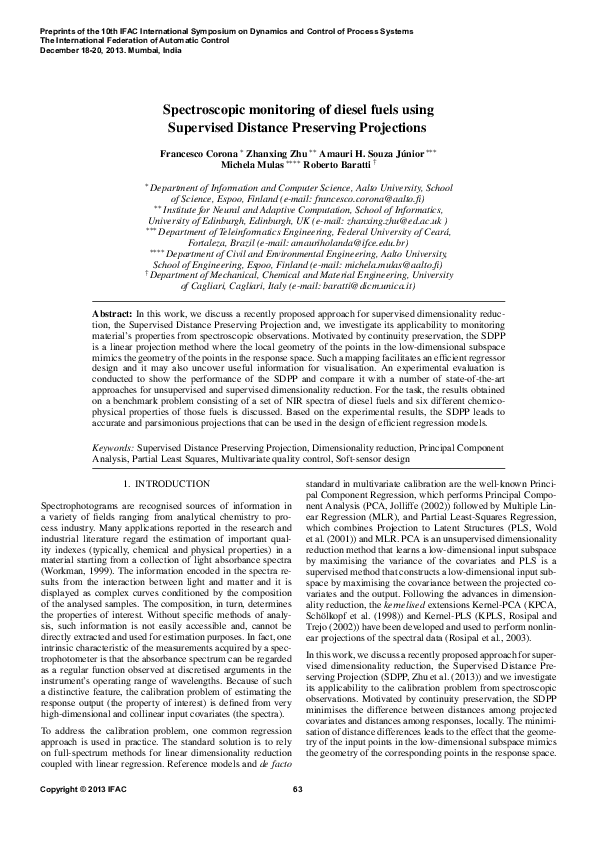 (PDF) Spectroscopic Monitoring of Diesel Fuels Using Supervised Distance Preserving Projections