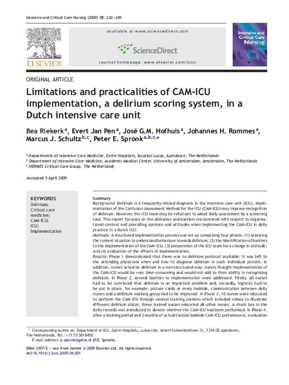 (PDF) Limitations and practicalities of CAM-ICU implementation, a ...