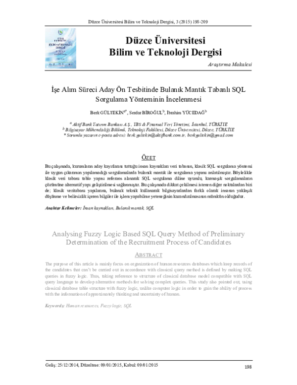 (PDF) İşe Alım Süreci Aday Ön Tesbitinde Bulanık Mantık Tabanlı SQL ...