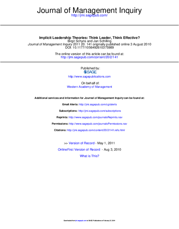 (PDF) Implicit Leadership Theories: Think Leader, Think Effective?