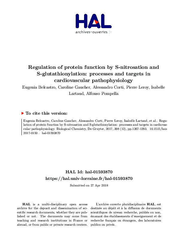 (PDF) Regulation of protein function by S-nitrosation and S ...