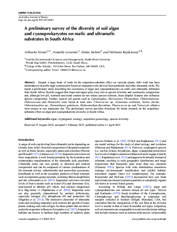 (PDF) A preliminary survey of the diversity of soil algae and ...