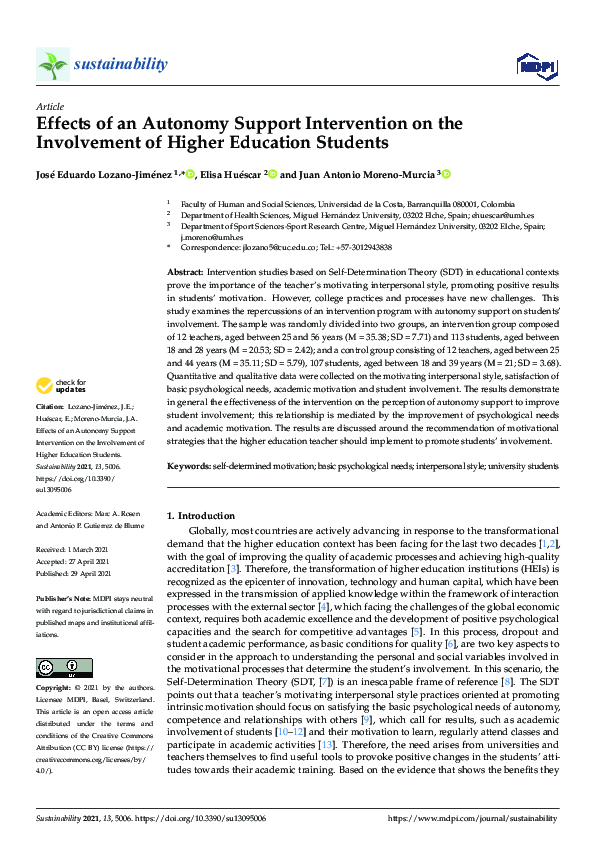(PDF) Effects of an Autonomy Support Intervention on the Involvement of Higher Education Students