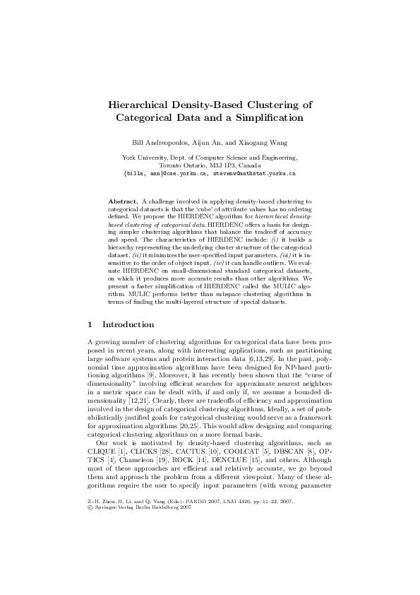 Pdf Hierarchical Density Based Clustering Of Categorical Data And A Simplification