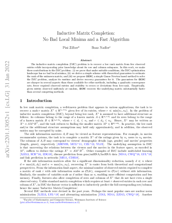 Pdf Inductive Matrix Completion No Bad Local Minima And A Fast Algorithm