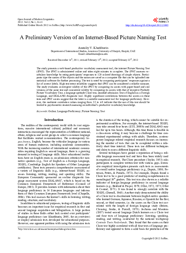 (PDF) A Preliminary Version of an Internet-Based Picture Naming Test