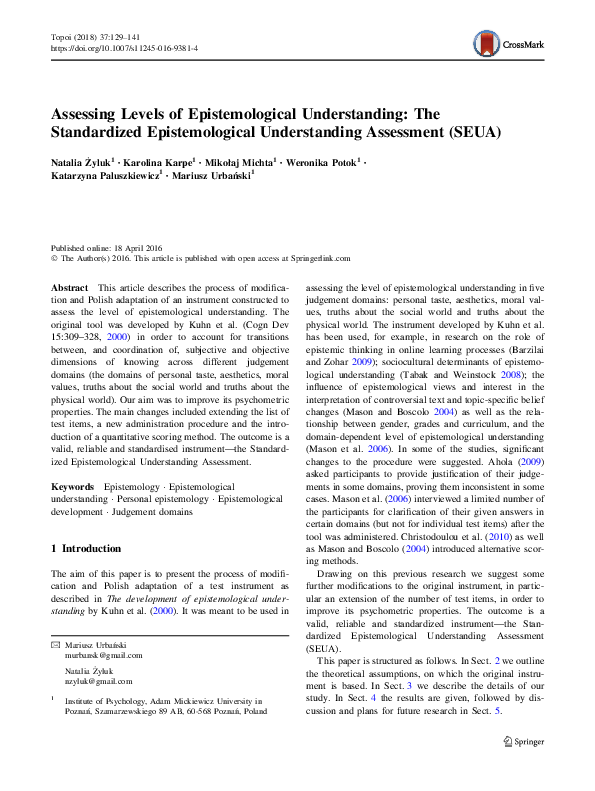 (PDF) Assessing Levels of Epistemological Understanding: The ...