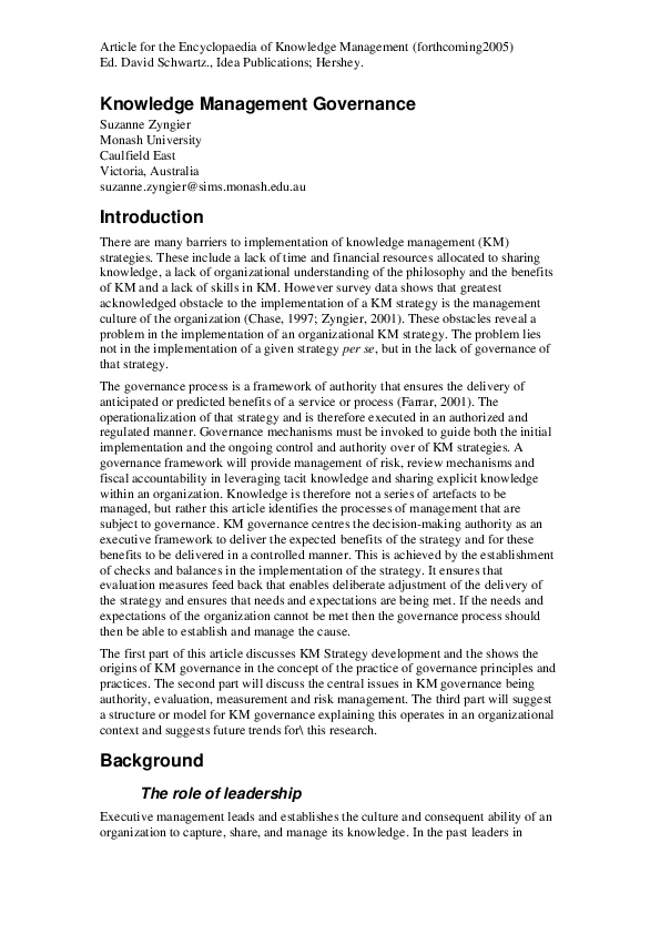 (PDF) Knowledge Management Governance