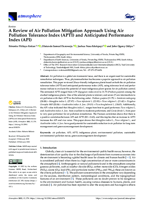 Pdf A Review Of Air Pollution Mitigation Approach Using Air Pollution Tolerance Index Apti