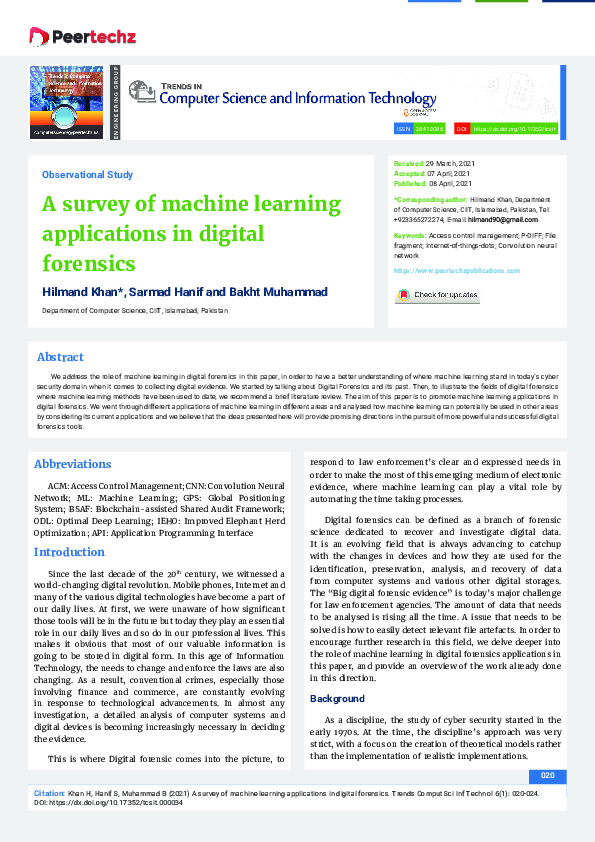 (PDF) A survey of machine learning applications in digital forensics
