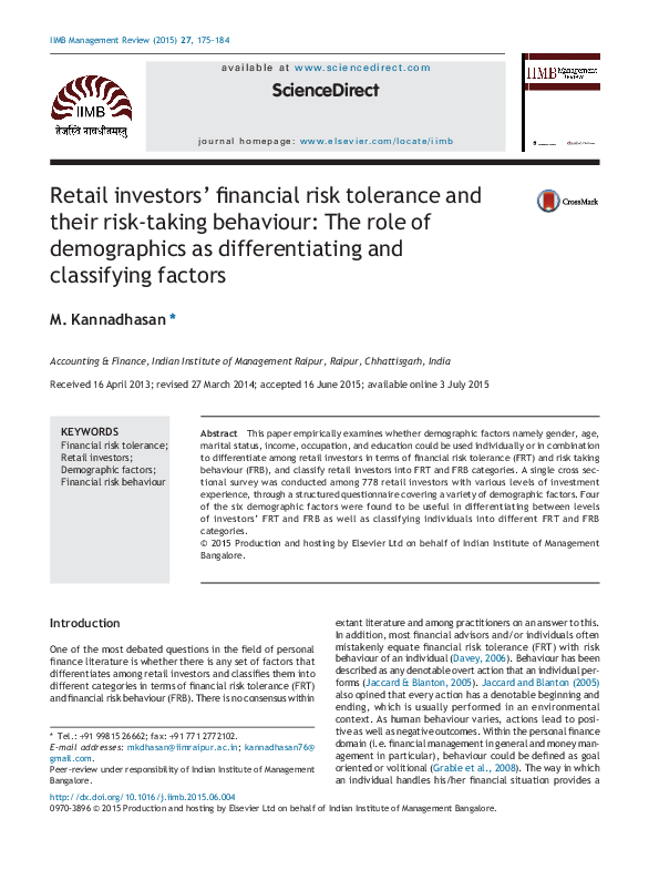 (PDF) Retail investors' financial risk tolerance and their risk-taking behaviour: The role of ...