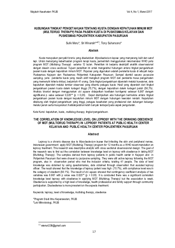 (PDF) Hubungan Tingkat Pengetahuan Tentang Kusta Dengan Kepatuhan Minum ...