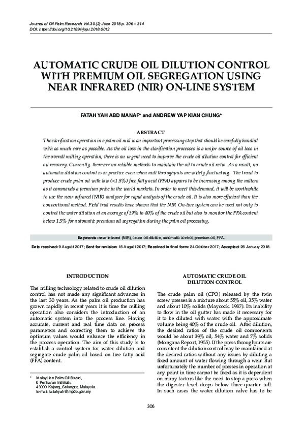 (PDF) Automatic Crude Oil Dilution Control with Premium Oil Segregation ...