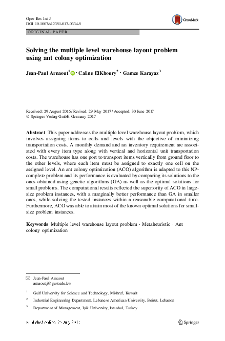 (PDF) Solving the multiple level warehouse layout problem using ant colony optimization