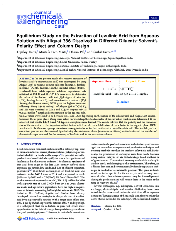 (PDF) Equilibrium Study on the Extraction of Levulinic Acid from Aqueous Solution with Aliquat ...