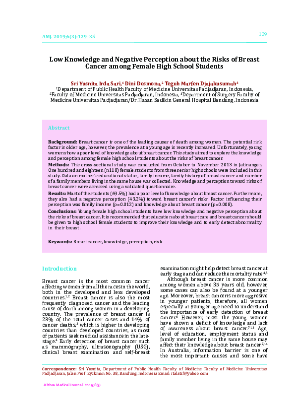 (PDF) Low Knowledge and Negative Perception about the Risks of Breast ...