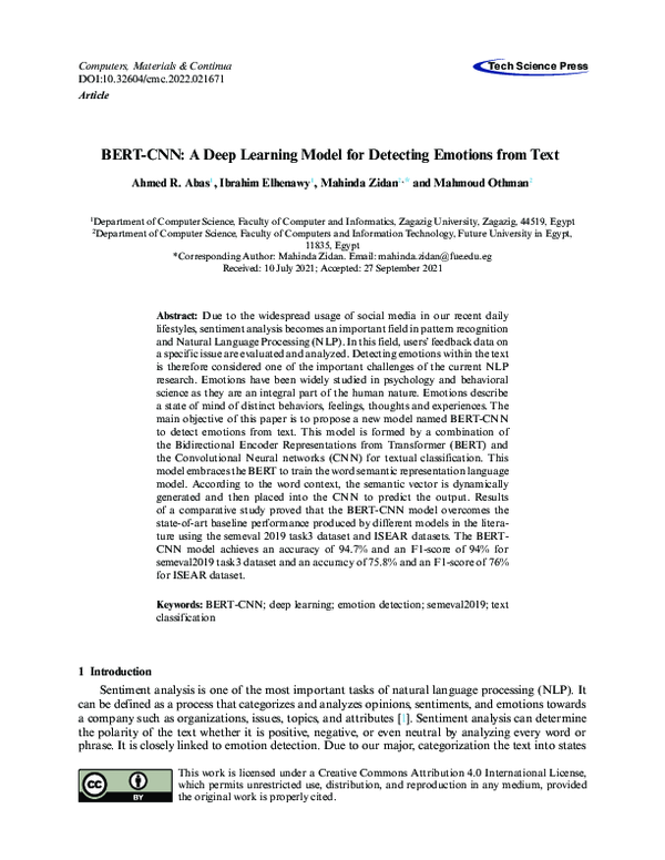 (PDF) BERT-CNN: A Deep Learning Model for Detecting Emotions from Text